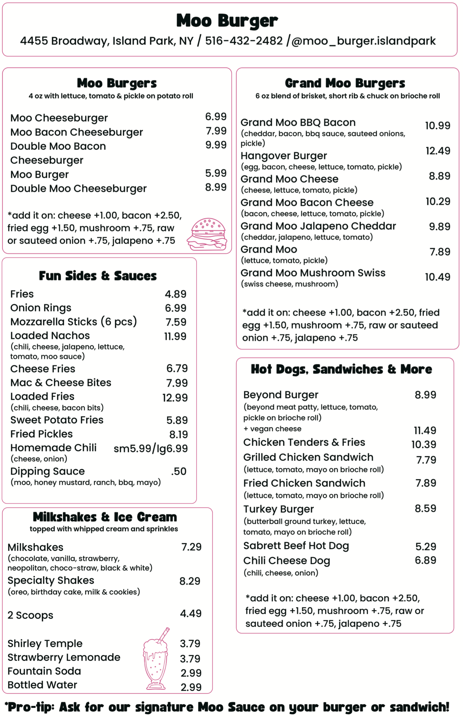 Menu - Moo Burger | Burgers – Shakes – Hot Dogs | Island Park NY